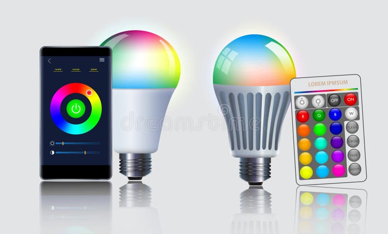 Realistic Smart Wifi LED Bulb Mockups with Smartphone and Remote. 3D ...