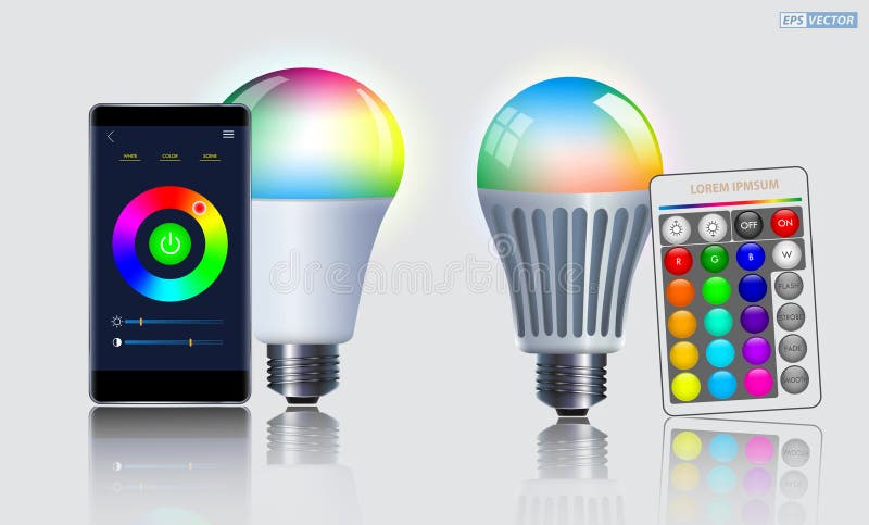 Realistic Smart Wifi LED Bulb Mockups with Smartphone and Remote. Eps ...