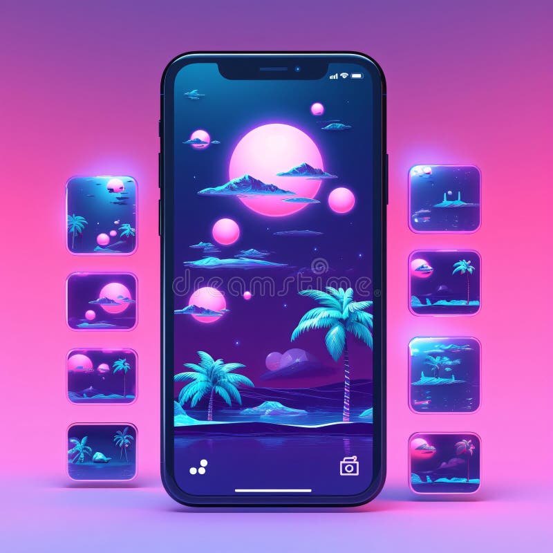 Realistic Smartphone with Abstract Tropical Landscape on Screen. 3d ...