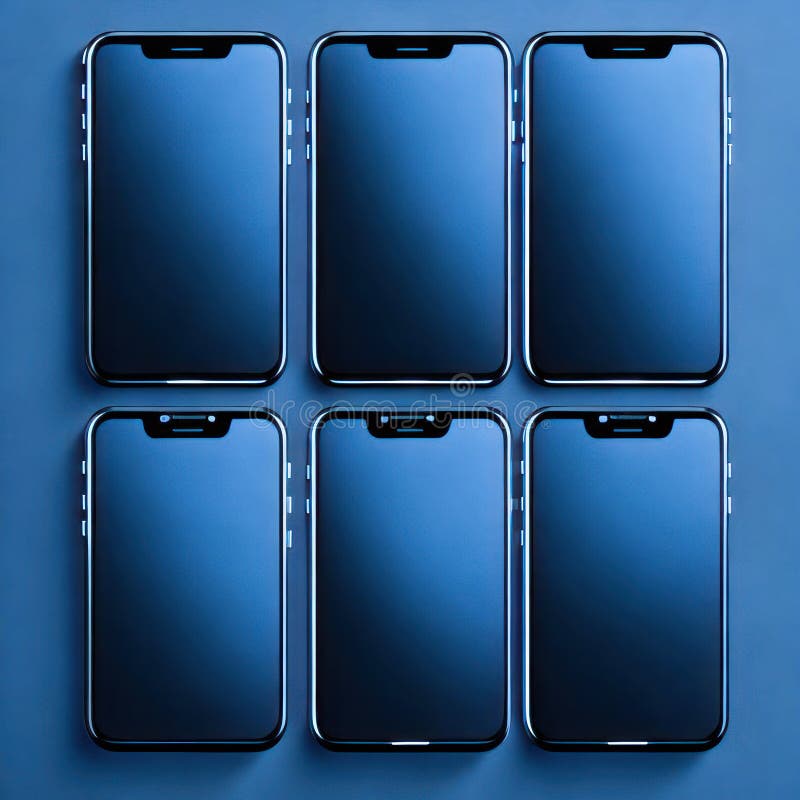 6 Realistic Smartphones Blank Blue Screen Mockup on Blue Background ...