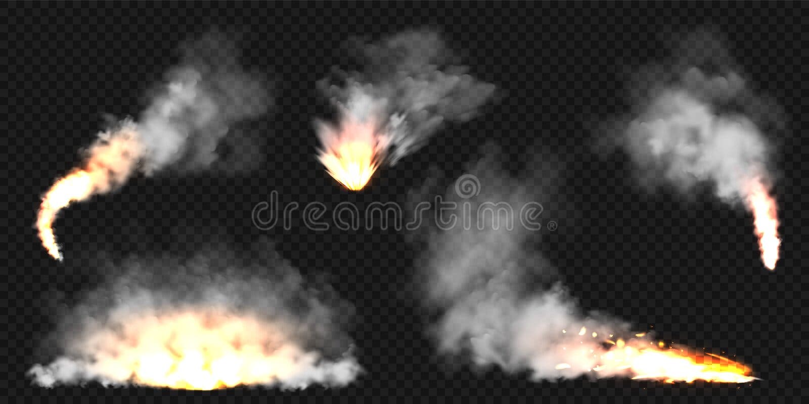 Realistic Smoke Clouds and Fire. Flame Blast, Explosion. Stream of ...