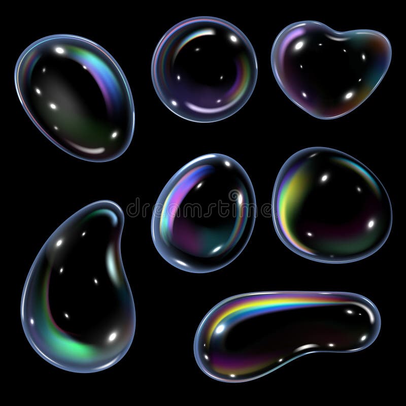 Realistic Soap Bubble with Rainbow Reflection Vector Set, Glossy 3D ...
