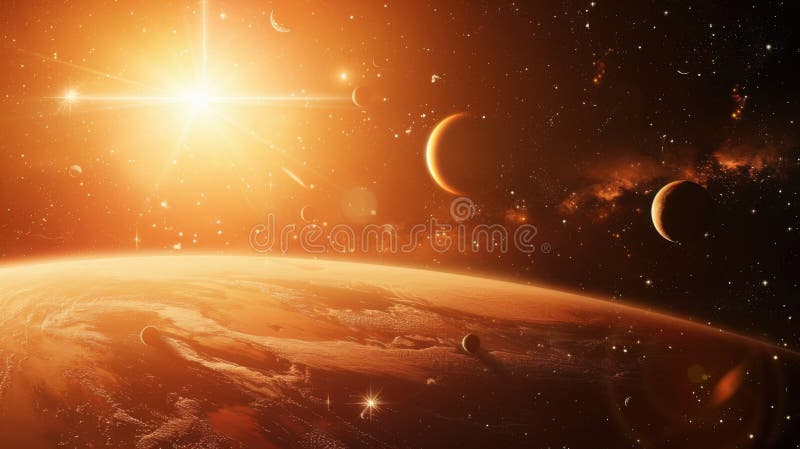 Realistic Space Station in Space with View of Planets and Starry Sky ...