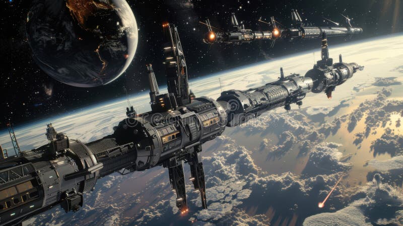 Realistic Space Station in Space with View of Planets and Starry Sky ...