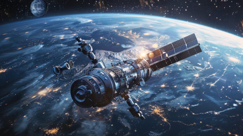 Realistic Space Station in Space with View of Planets and Starry Sky ...