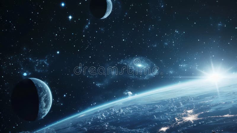 Realistic Space Station in Space with View of Planets and Starry Sky ...