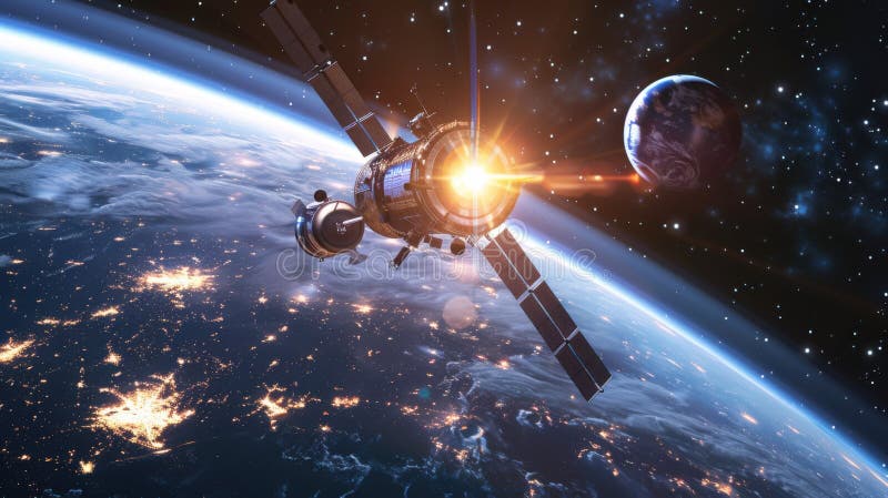 Realistic Space Station in Space with View of Planets and Starry Sky ...