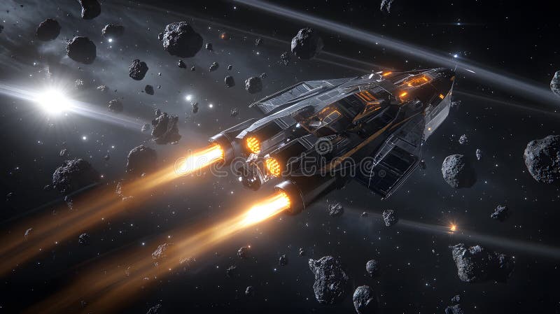 Realistic Spacecraft Navigating through Asteroid Field in Space Stock ...
