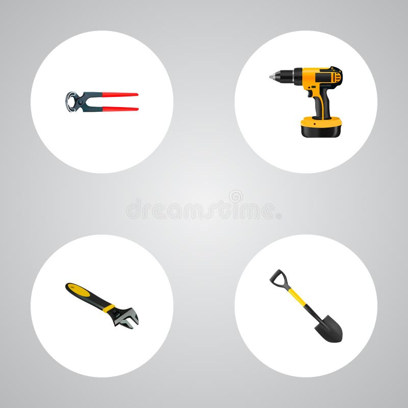 Realistic Spade, Electric Screwdriver, Tongs and Other Vector Elements ...