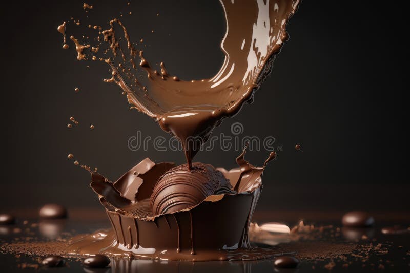 Realistic Splash Flowing Chocolate or Cocoa with Chocolate Pieces. AI ...
