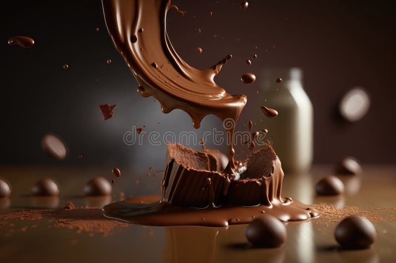 Realistic Splash Flowing Chocolate or Cocoa with Chocolate Pieces. AI ...