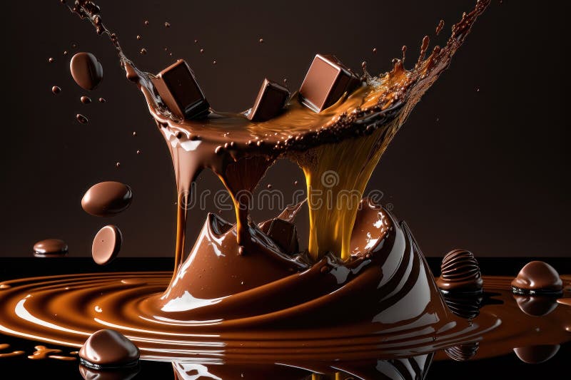 Realistic Splash Flowing Chocolate or Cocoa with Chocolate Pieces. AI ...