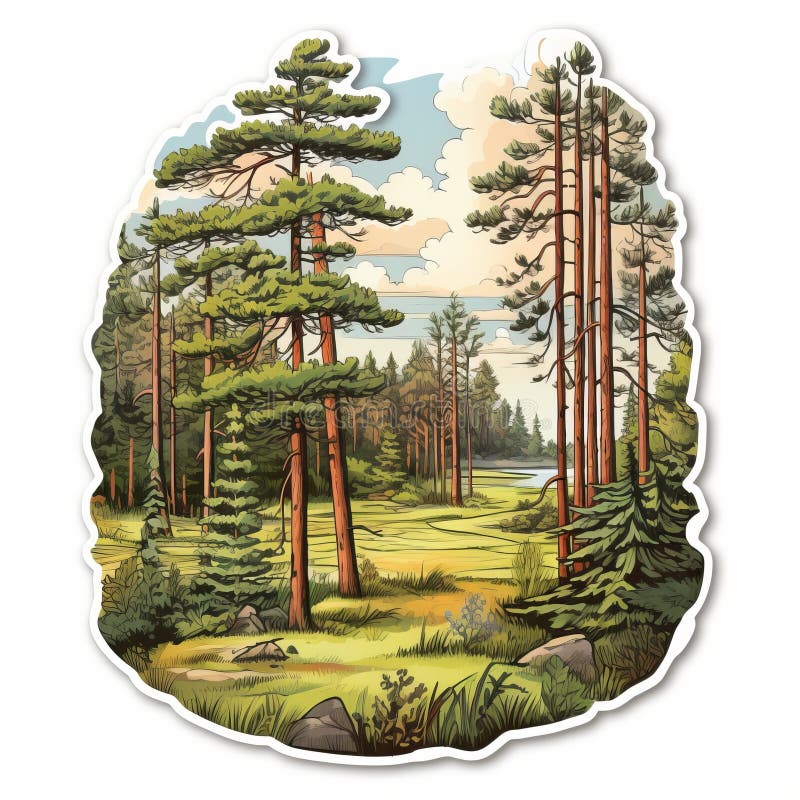 Realistic Sticker of Trees, Stream, and Lake with Bold Lithographic ...