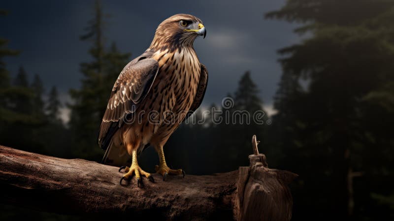 Realistic Still Life: Brown Hawk Poll Perched in Dramatic Forest ...