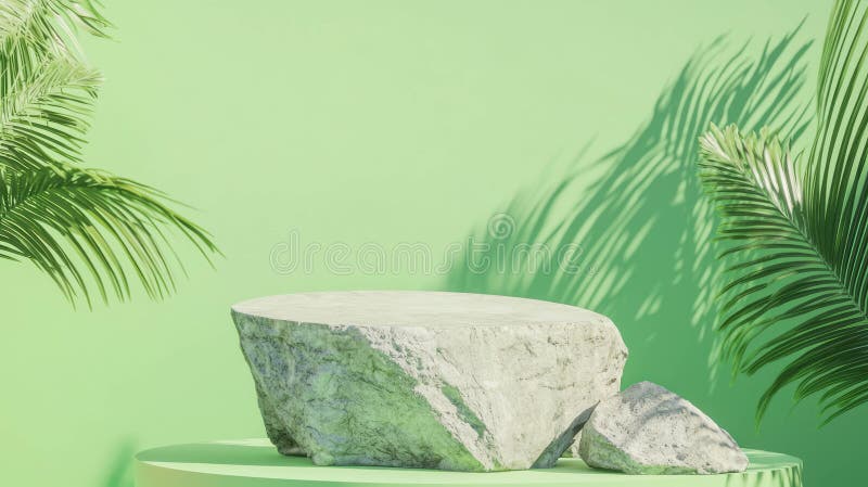 Realistic Stone Display on Green Background with Tropical Leaves for ...