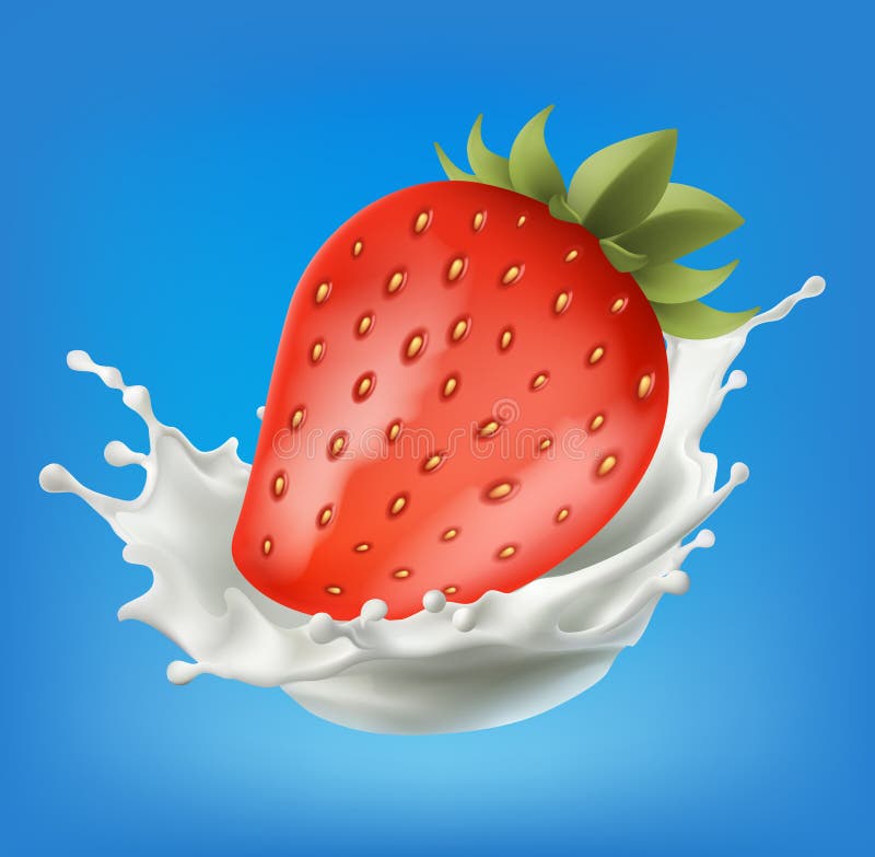 Realistic Strawberry in a Splash of Milk or Yogurt and of Juice with Drops, Additional Elements ...