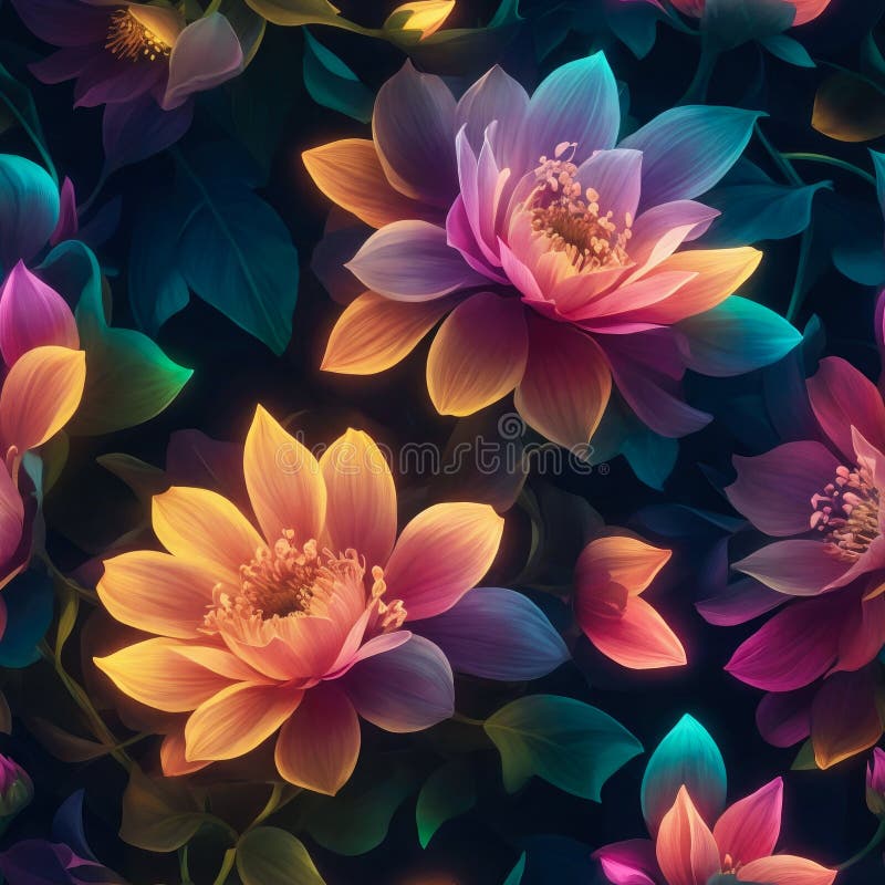 Realistic Style Glowing Flowers Seamless Pattern Stock Illustration ...