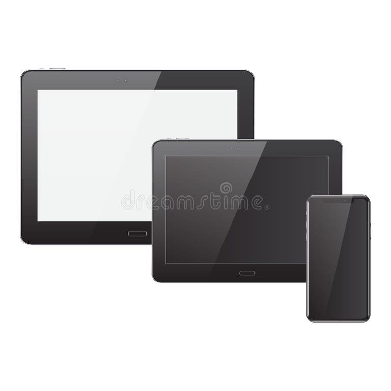 Realistic Tablets and Mobile Phone with Shadow on Black and Gray ...