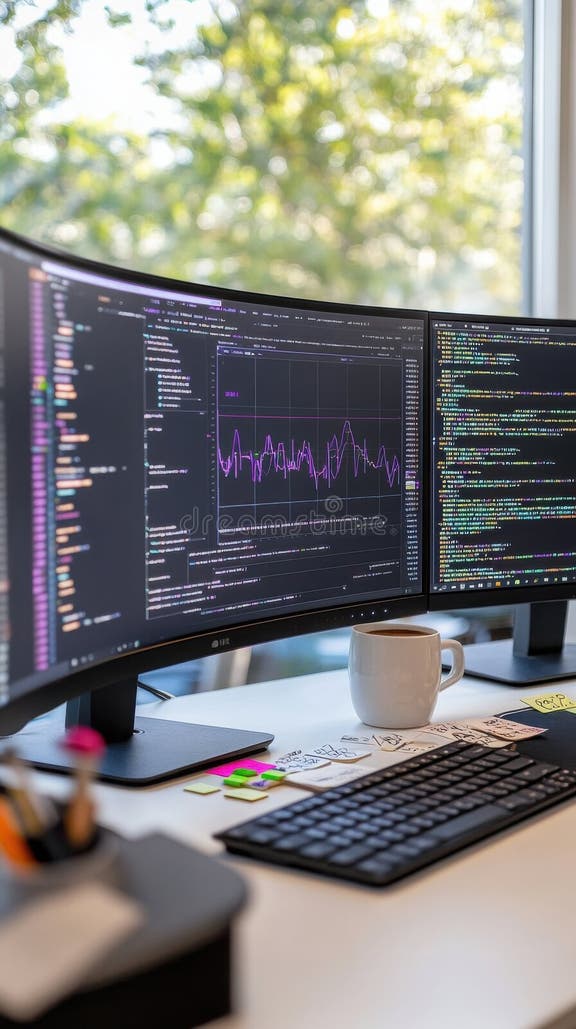 Realistic Tech Workspace Featuring Dual Monitors with Jupyter Notebook ...