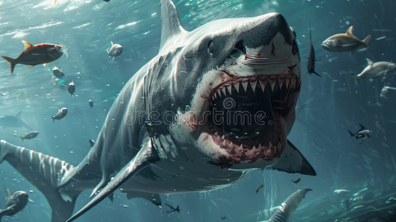 Terrifying Shark Underwater with Open Mouth and Sharp Teeth, Swimming ...