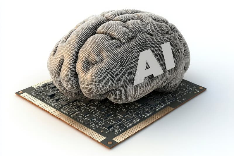 Realistic Textured Brain Model Embedded AI Chip Resting on Circuit ...