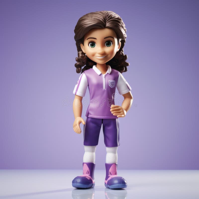Realistic Toy Girl Doll With Dark Hair In Lavender Soccer Uniform Stock
