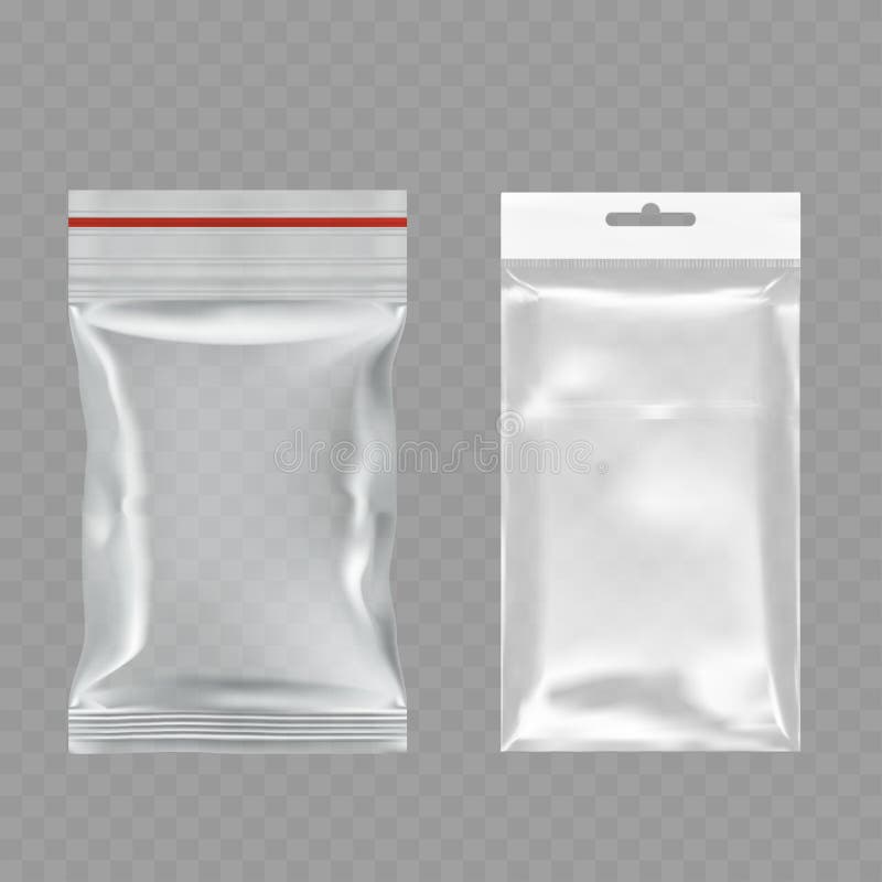Realistic Transparent Plastic Packaging Bags Mockup Set on Transparent ...