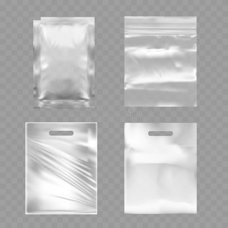 Realistic Transparent Plastic Packaging Bags Mockup Set on Transparent ...
