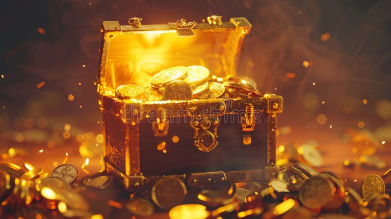 Realistic Treasure Chest Overflowing with Gold Coins on a Solid Color ...