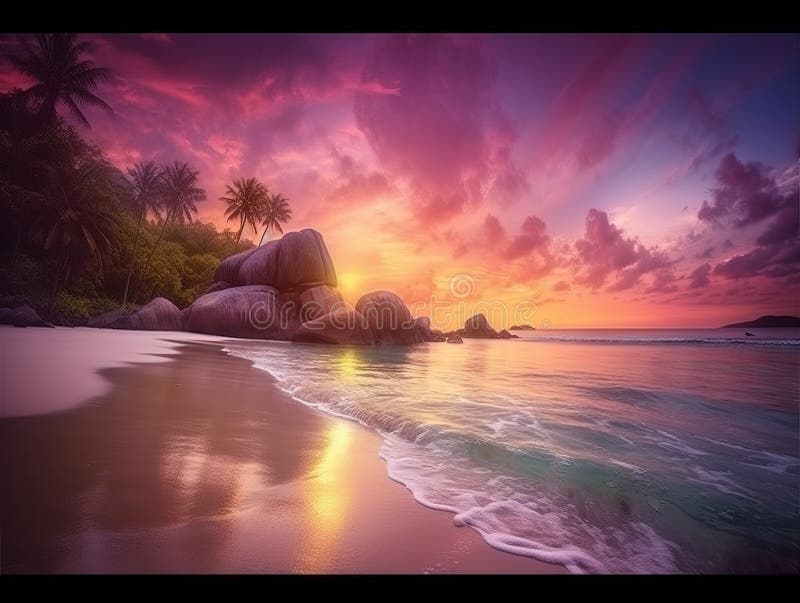 Realistic Tropical Beach with Dramatic Sunset Stock Illustration ...