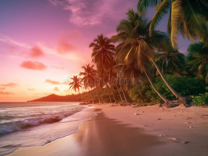 Realistic Tropical Beach with Dramatic Sunset Stock Illustration ...