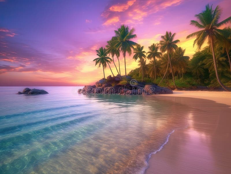 Realistic Tropical Beach with Dramatic Sunset Stock Illustration ...