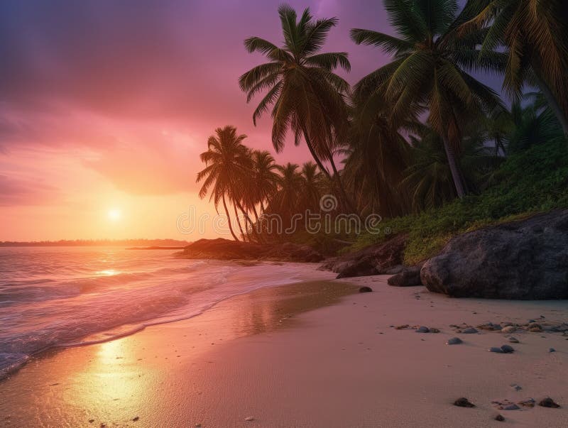 Realistic Tropical Beach with Dramatic Sunset Stock Illustration ...
