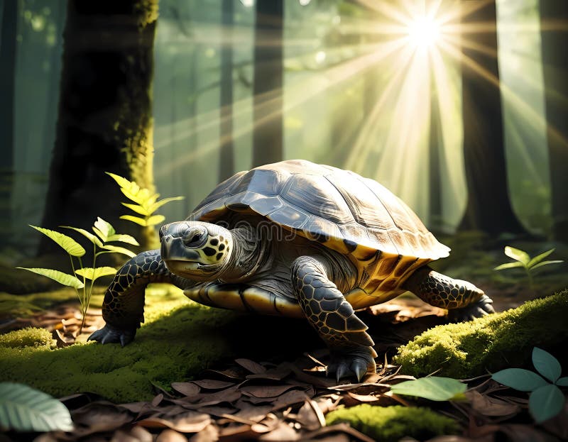 A Realistic Turtle Walking Slowly Across a Forest Floor with Soft Rays ...