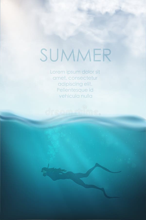 Realistic Underwater Vector with Diver and Sea Stock Illustration ...