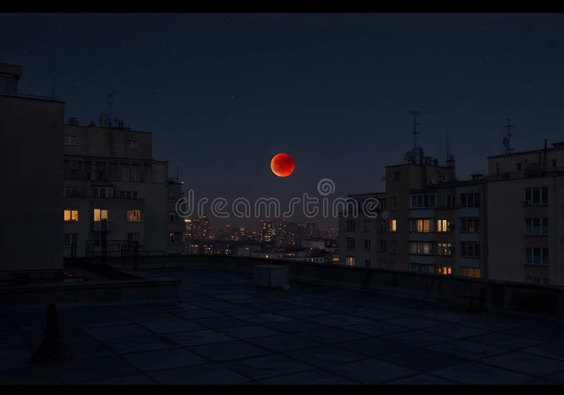 Lunar Eclipse Viewed from a Rooftop in a Modern City Stock Illustration ...
