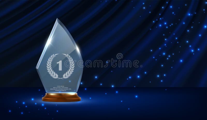 3d Realistic Vector Background. GLass Trophy with Laurel on Blue Wavy ...