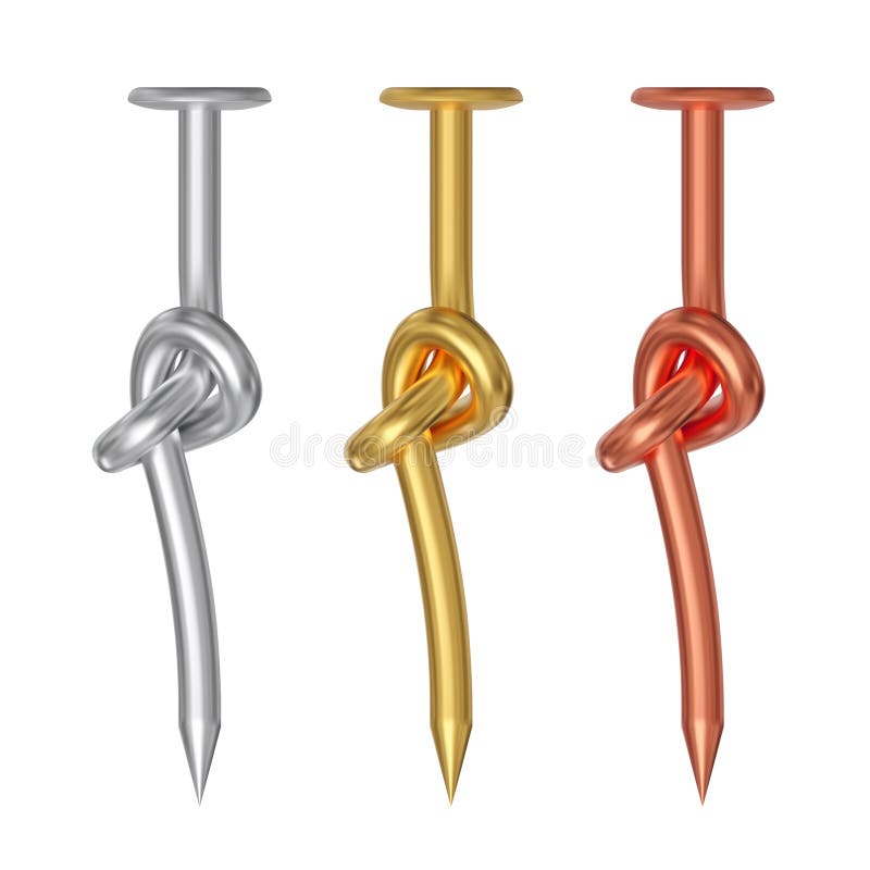 Realistic Vector Bent and Knotted Metal Nails. Gold Metallic and Copper ...