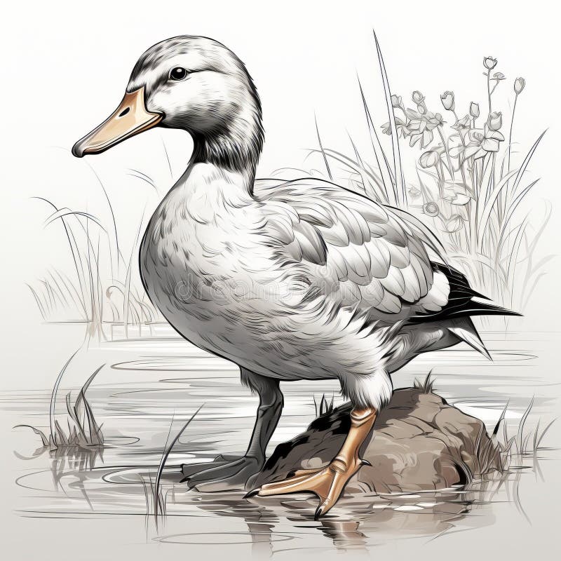 Realistic Vector Drawing of a Duck in Light White and Gray Stock ...