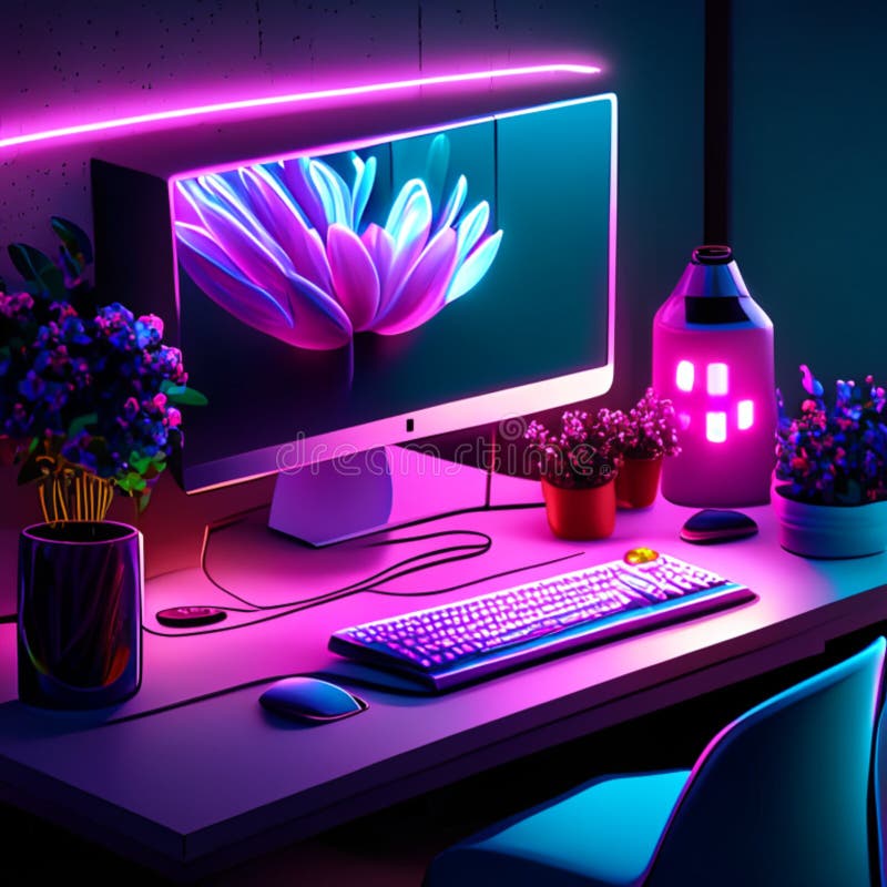Realistic Vector Illustration of a Desktop with a Computer, a Lamp and ...