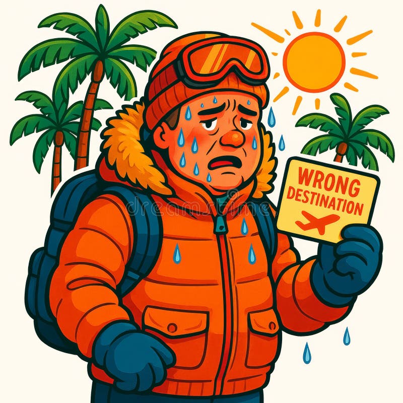 Realistic Vector Illustration of Stressed Sweaty Tourist in Warm Coat ...