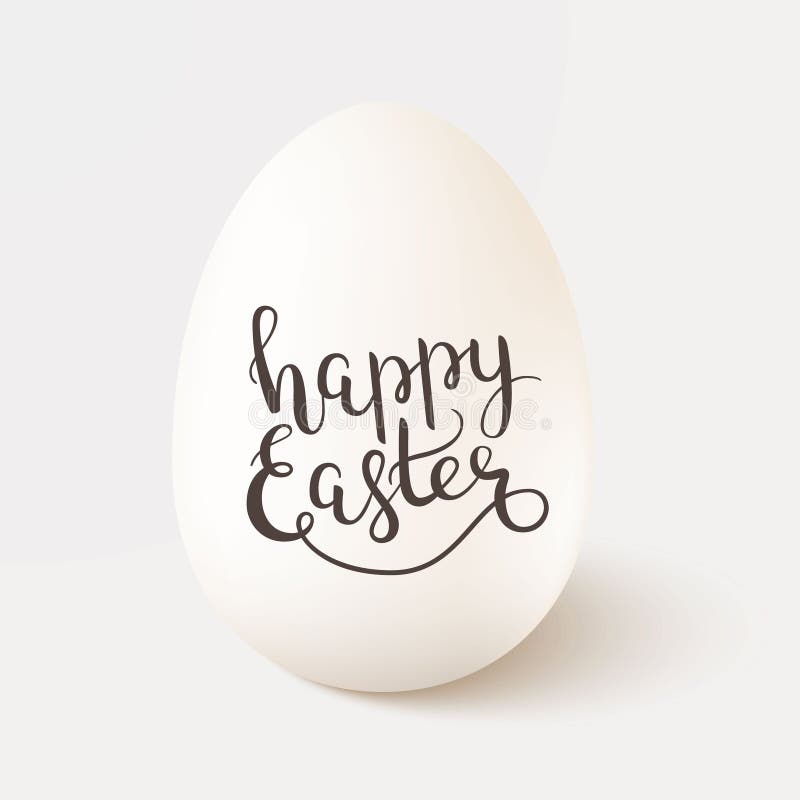 Realistic Vector White Single Chicken Egg with Lettering Happy Easter Isolated on White ...