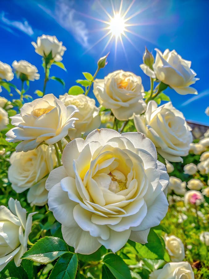 Realistic Vertical White Roses Blooming in the Morning Stock ...