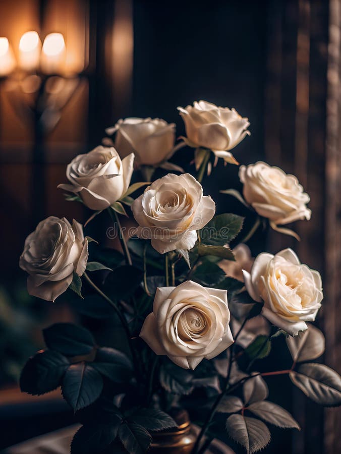 Realistic Vertical White Roses Blooming in the Morning Stock ...