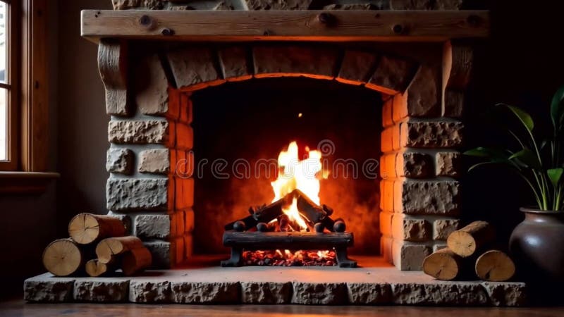 Realistic Video of a Beautiful Fireplace with Burning Wood Stock Video ...