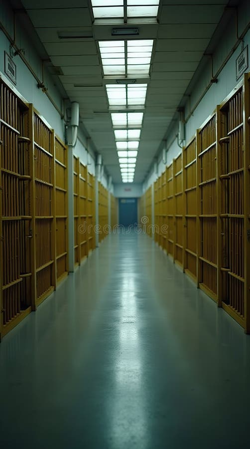 Realistic View of an Empty Prison Corridor with Cell Rows Stock ...