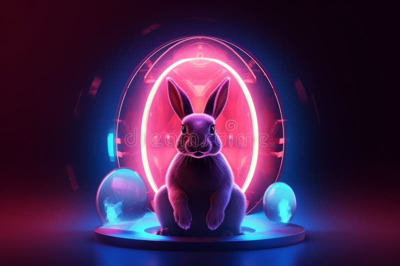 Realistic Violet Rabbit with Pink Neon Egg. Easter Bunny. Futuristic ...