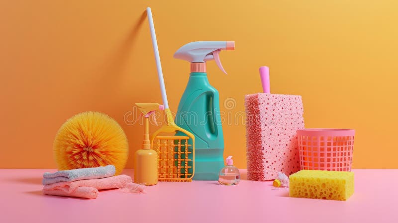 Realistic Visual Concept of Household Cleaning Products Sponge, Brooms ...