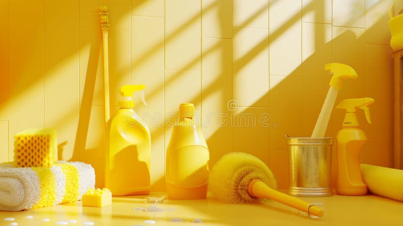 Realistic Visual Concept of Household Cleaning Products Sponge, Brooms ...