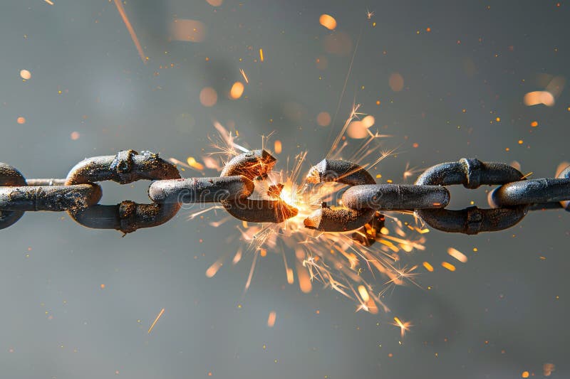 Close-up of a Heavy Chain with Sparks Flying As a Link Breaks. the ...